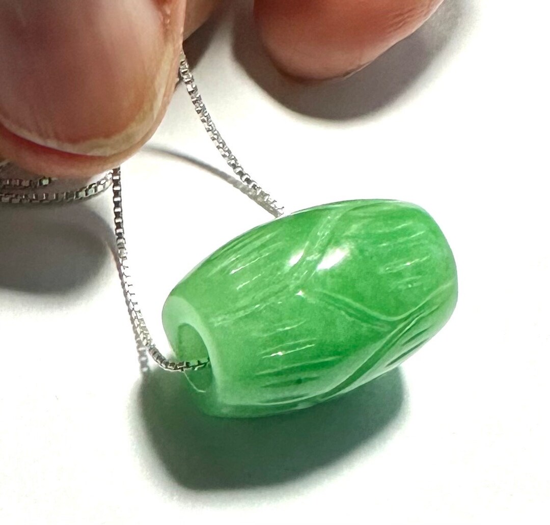 Apple Green Jade Barrel Pendant: Carved Lulutong, 18” Sterling Silver ...