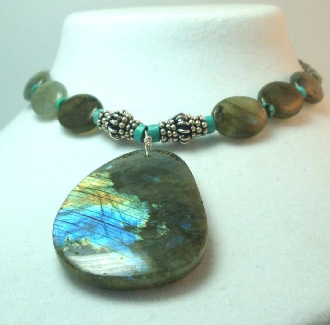 Labradorite Spectrolite Pendant Necklace: Turquoise Heishi W ...