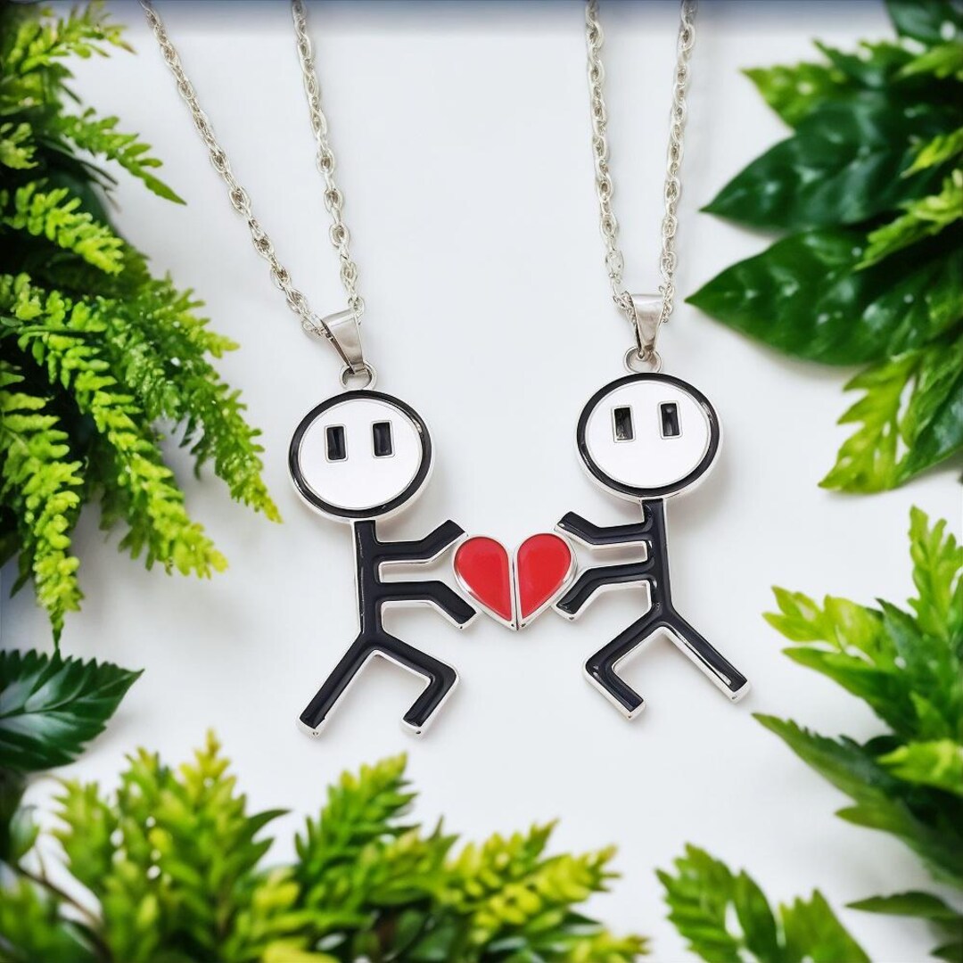 Stickman Couple Necklaces: Stainless Steel Heart Pendants, Matching Set ...