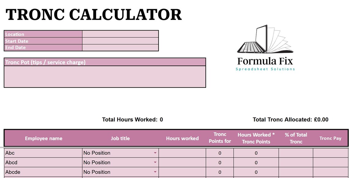 Customisable Tronc Tip Calculator Spreadsheet | Google Sheets Template ...