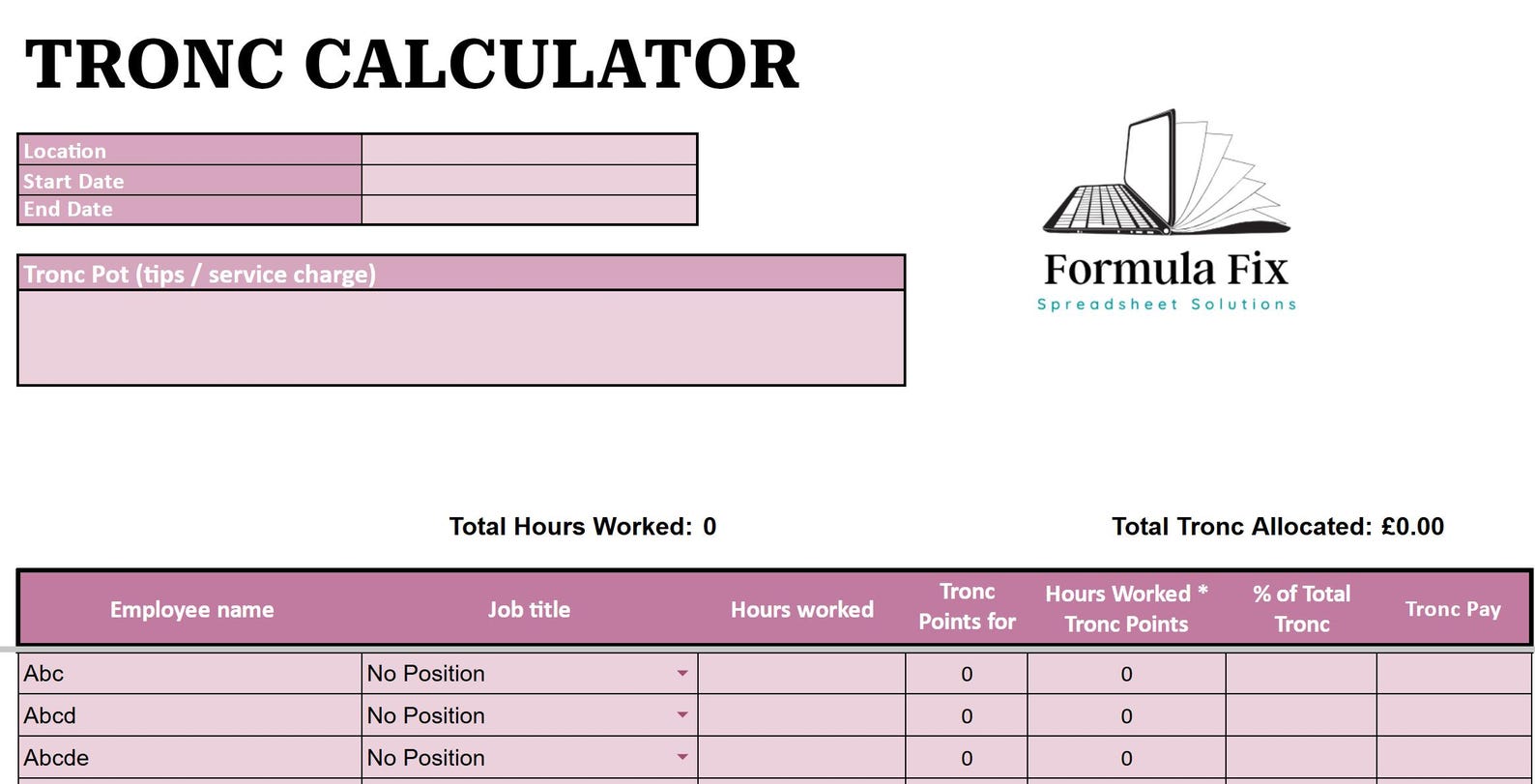 Customisable Tronc Tip Calculator Spreadsheet | Google Sheets Template ...