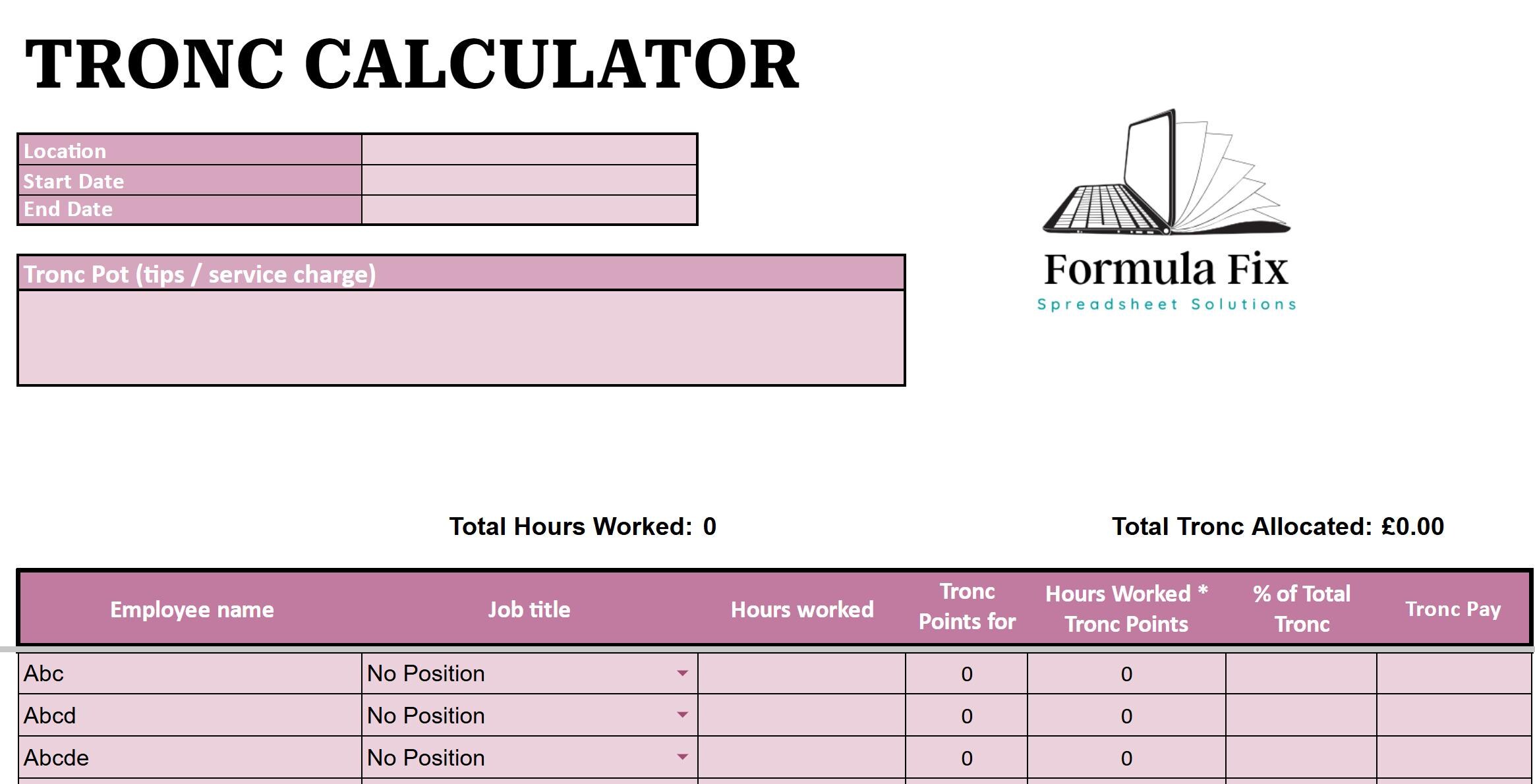 Customisable Tronc Tip Calculator Spreadsheet | Google Sheets Template ...