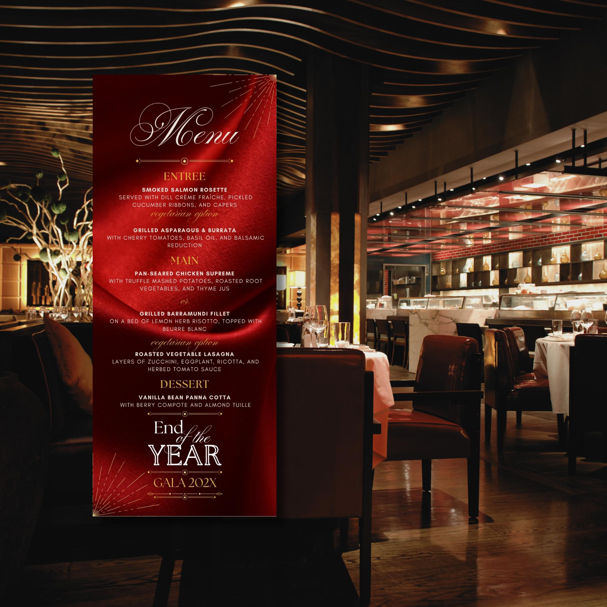 Red and Gold End of the Year Gala Menu Card, Old Hollywood Glam Theme ...