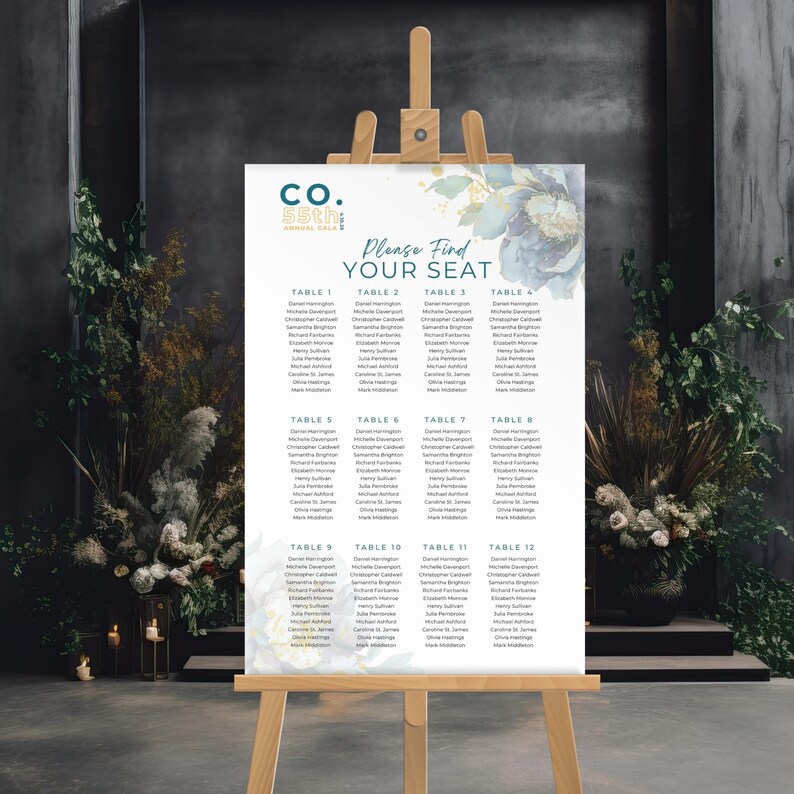 Teal, Purple and Gold Florals Company Event Seating Chart Template ...