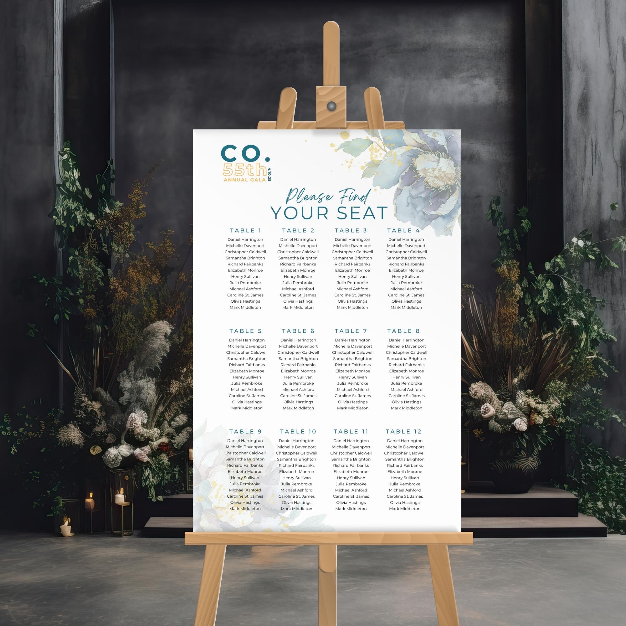 Teal, Purple and Gold Florals Company Event Seating Chart Template ...