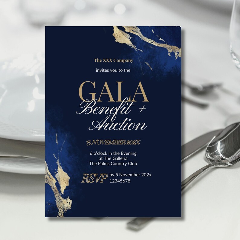 Gala Night Benefit Auction Navy Blue and Gold Business Invitation ...