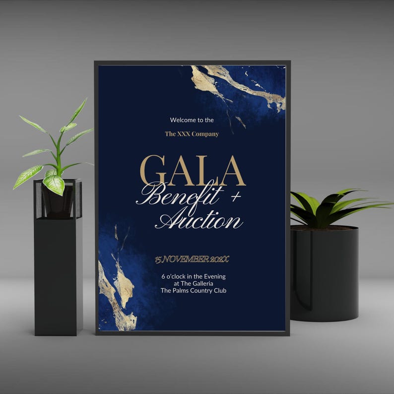 Gala Night Welcome Sign Navy Blue and Gold Benefit Auction Dinner ...