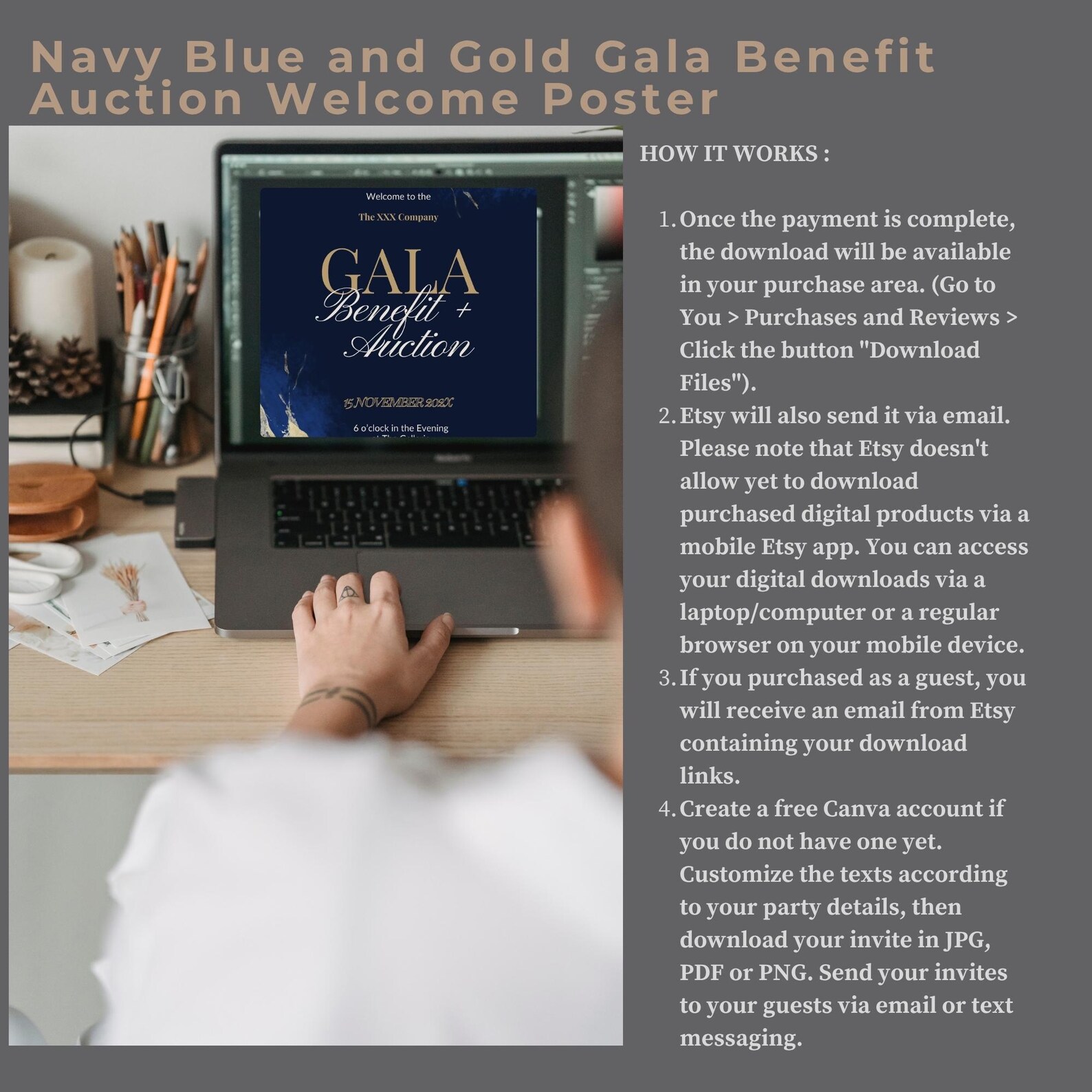 Gala Night Welcome Sign Navy Blue and Gold Benefit Auction Dinner ...