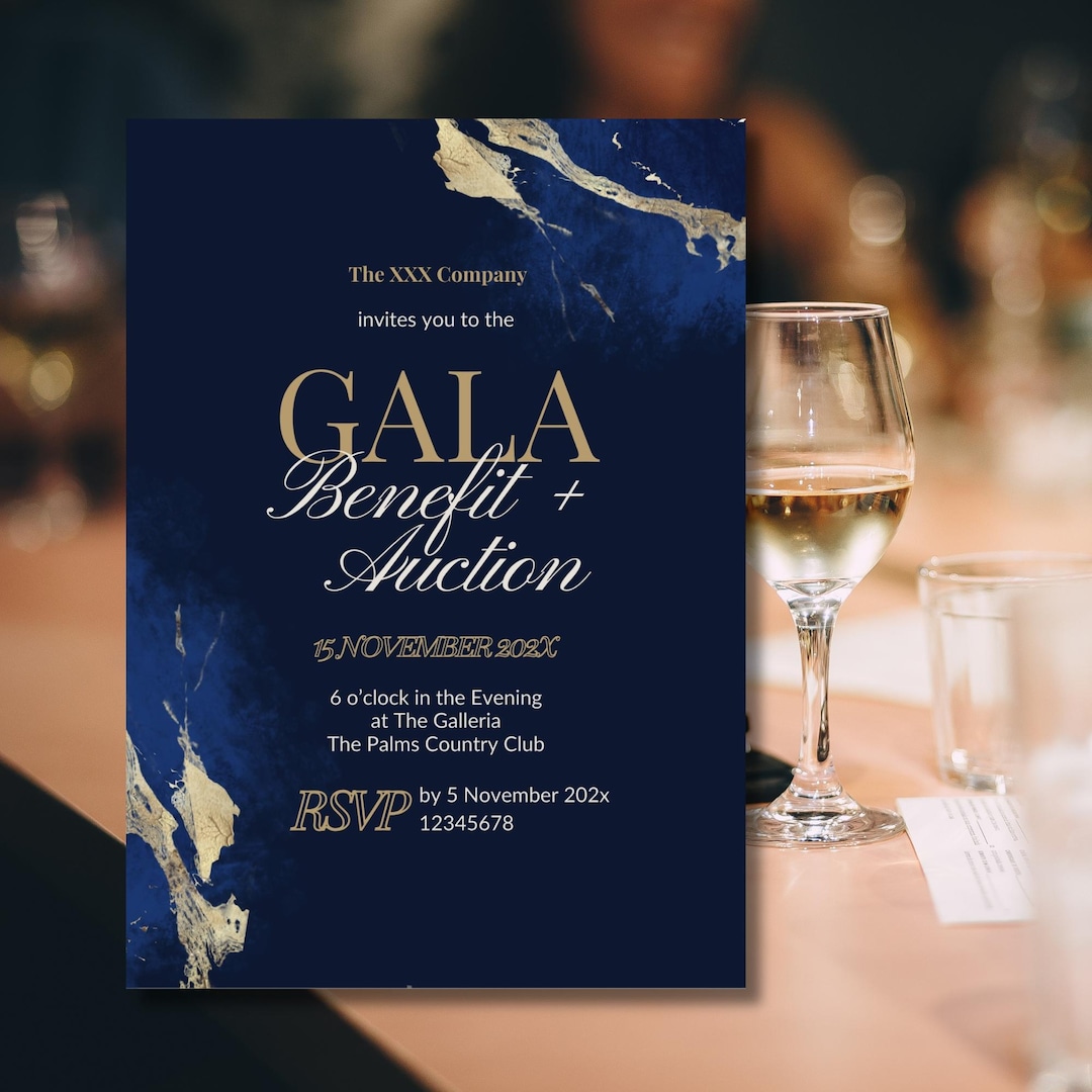 Gala Night Benefit Auction Navy Blue and Gold Business Invitation ...