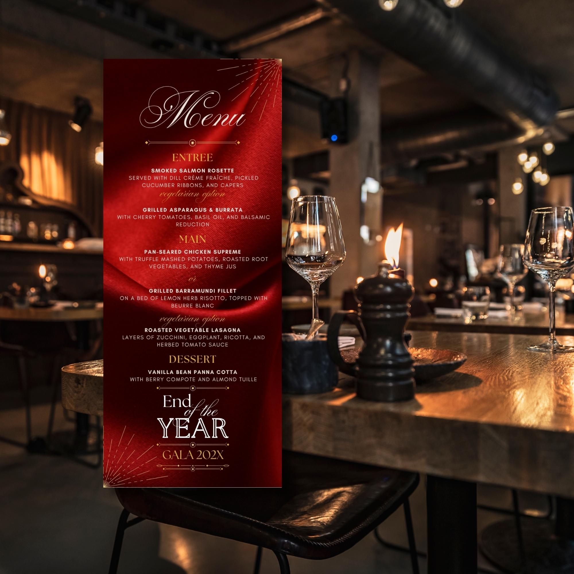 Red and Gold End of the Year Gala Menu Card, Old Hollywood Glam Theme ...