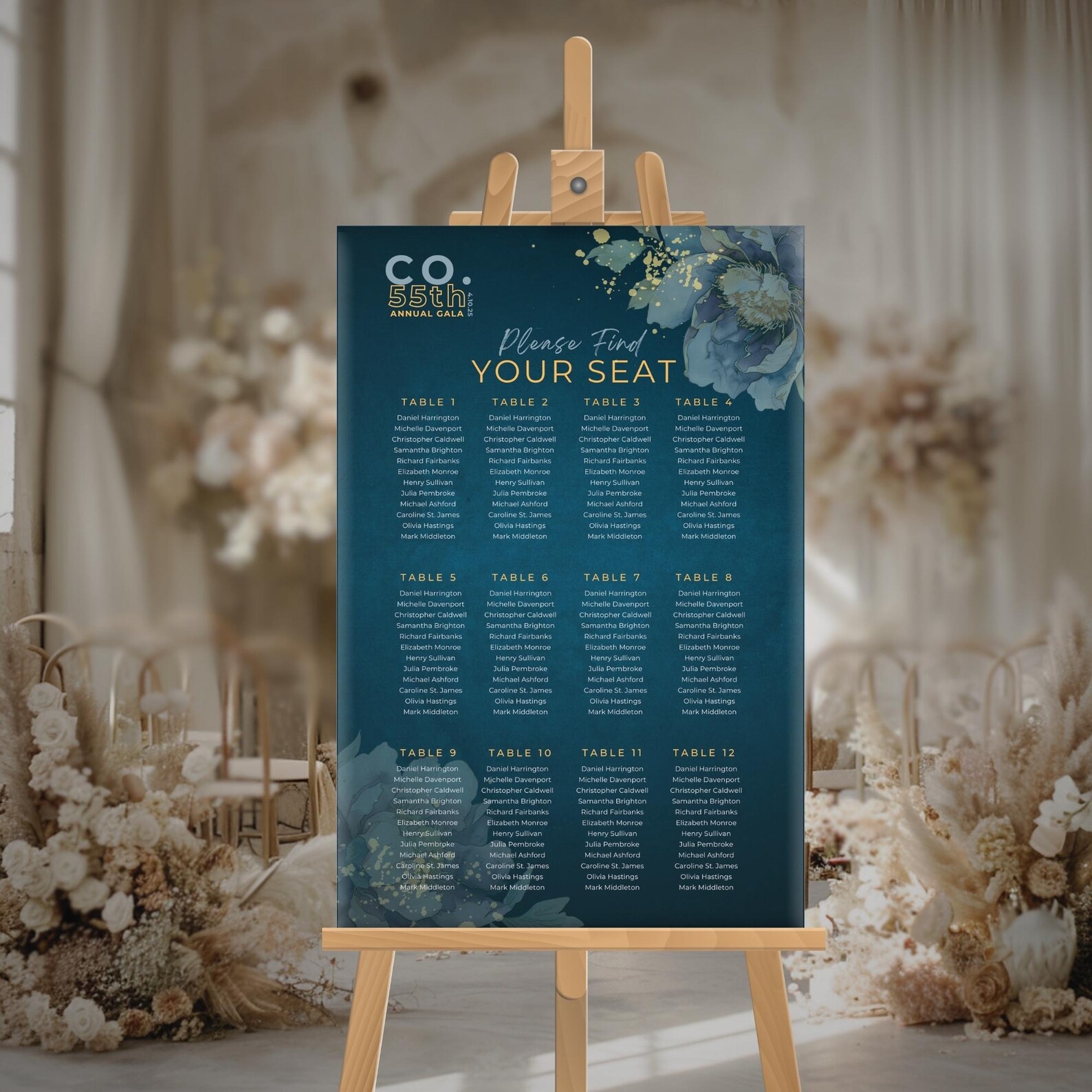 Teal, Purple and Gold Florals Company Event Seating Chart Template ...