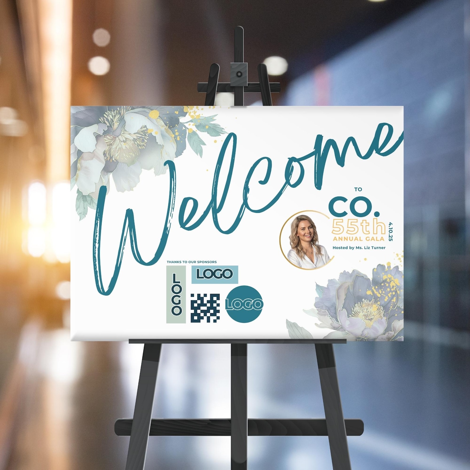 Teal, Purple and Gold Floral Company Event Welcome Sign, Modern Elegant ...