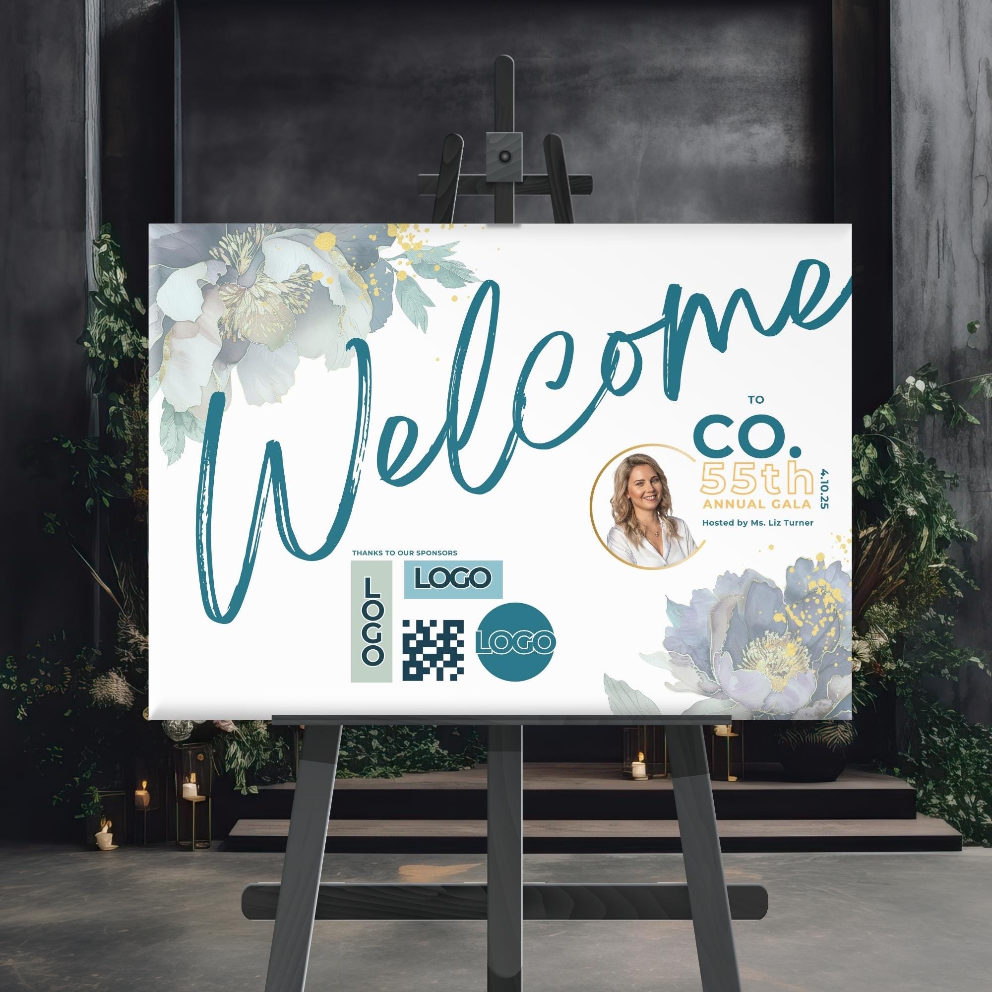 Teal, Purple and Gold Floral Company Event Welcome Sign, Modern Elegant ...