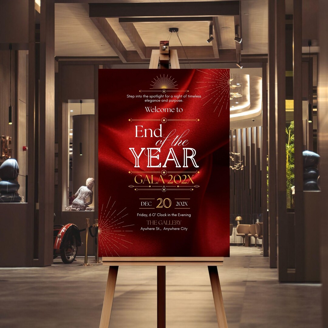 End of the Year Gala Welcome Sign in Red and Gold Business Anniversary ...