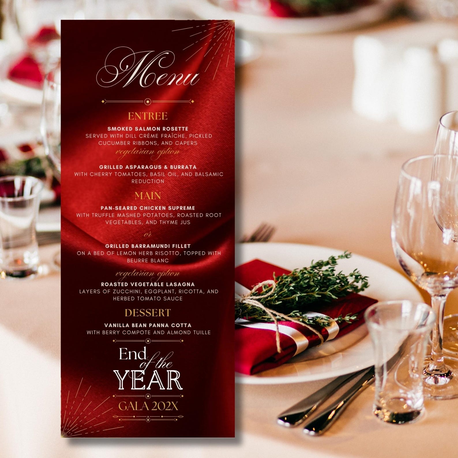 Red and Gold End of the Year Gala Menu Card, Old Hollywood Glam Theme ...