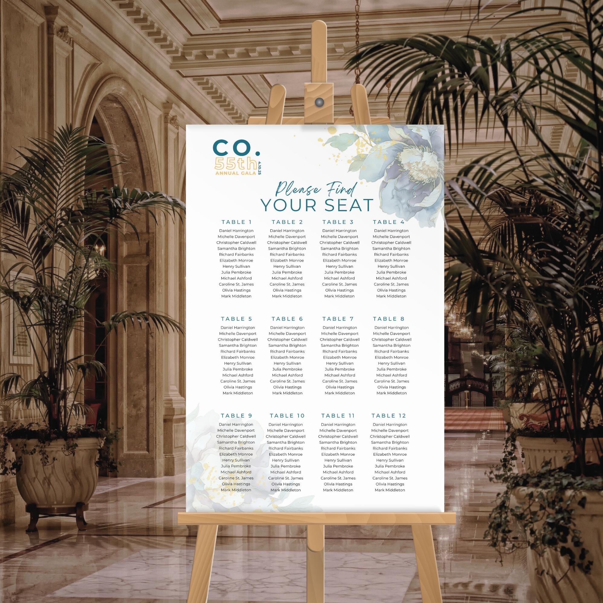 Teal, Purple and Gold Florals Company Event Seating Chart Template ...
