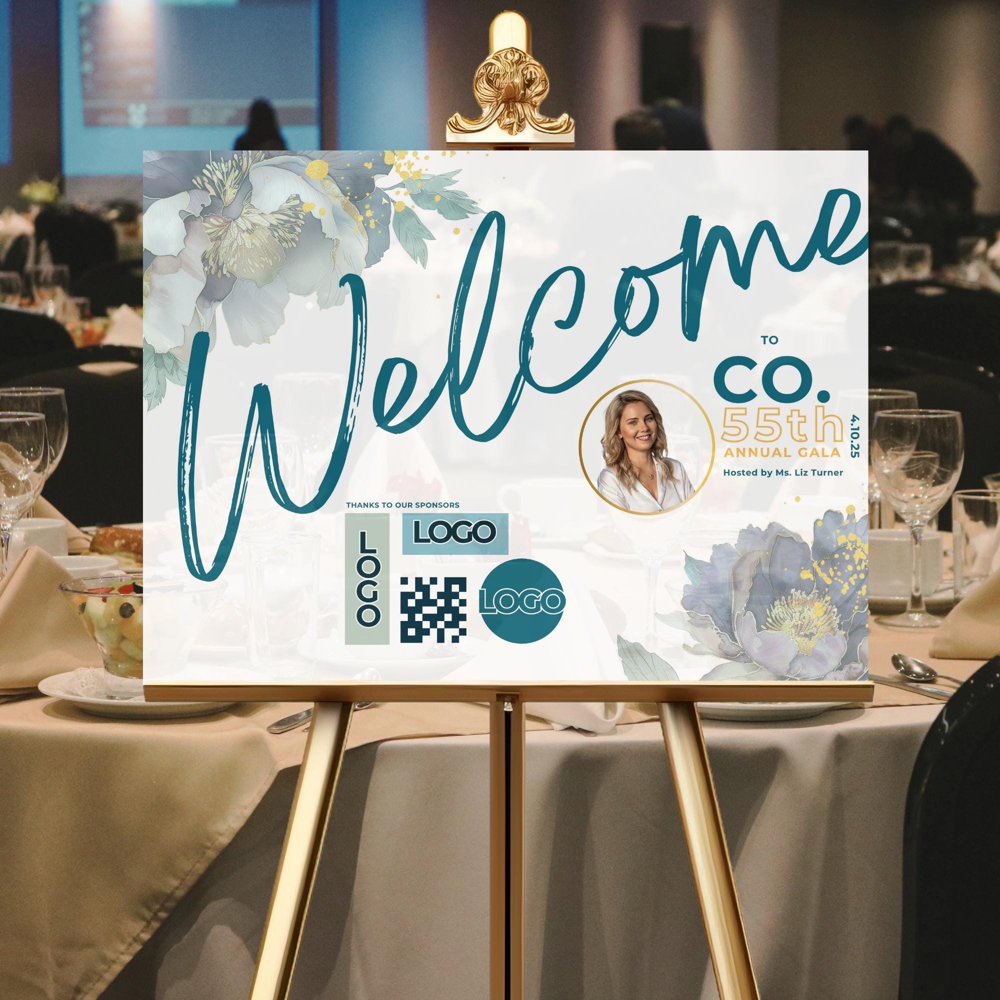 Teal Purple and Gold Floral Company Event Welcome Sign Modern Elegant ...