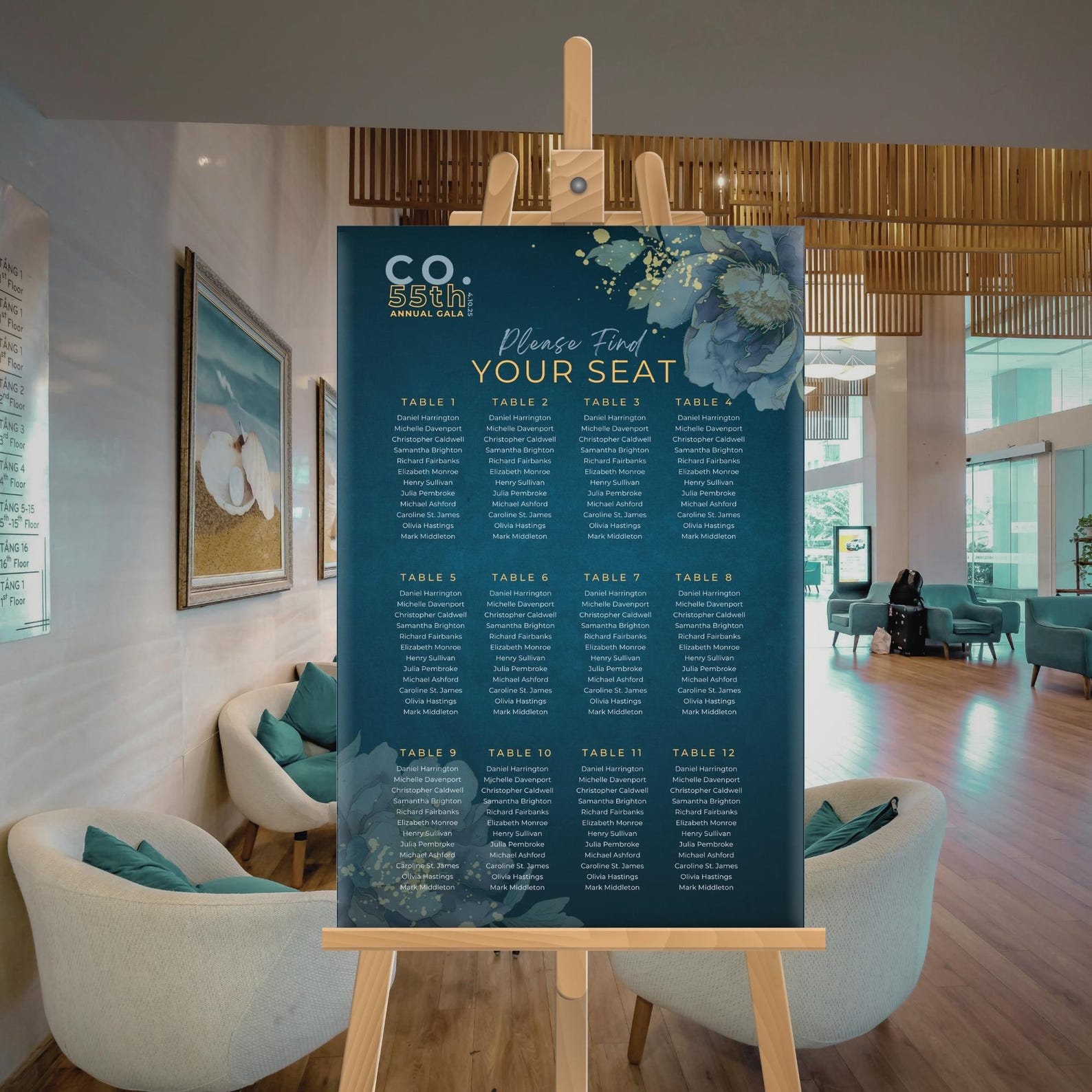 Teal, Purple and Gold Florals Company Event Seating Chart Template ...