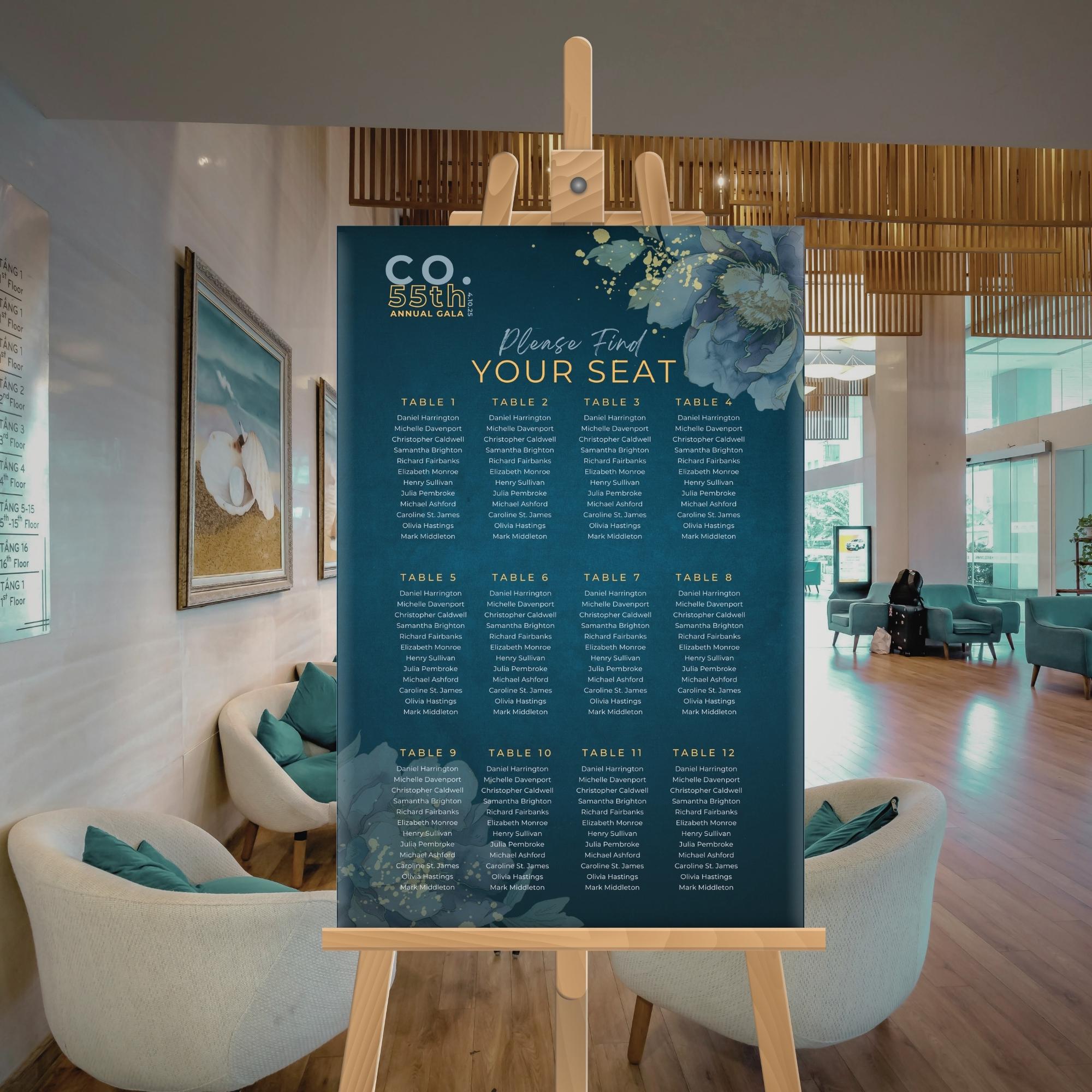 Teal, Purple and Gold Florals Company Event Seating Chart Template ...