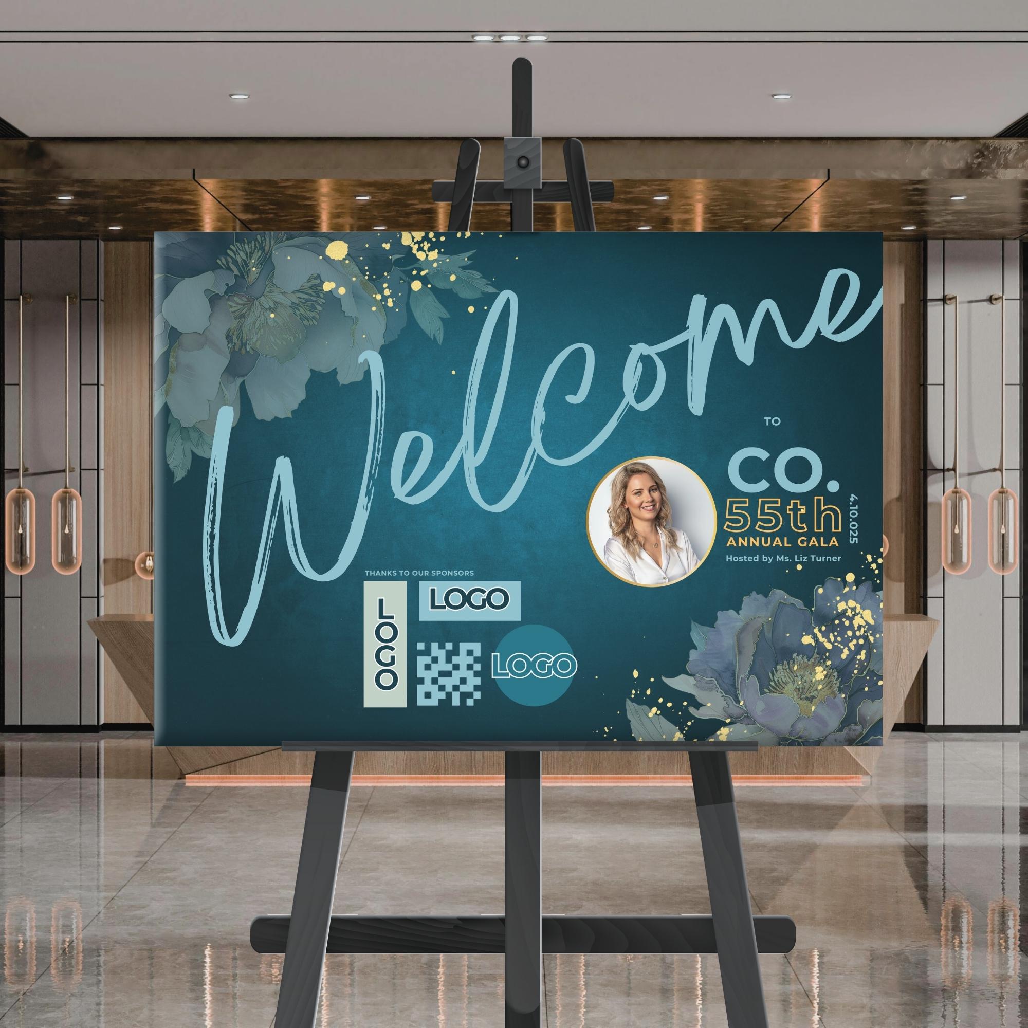 Teal Purple and Gold Floral Company Event Welcome Sign Modern Elegant ...