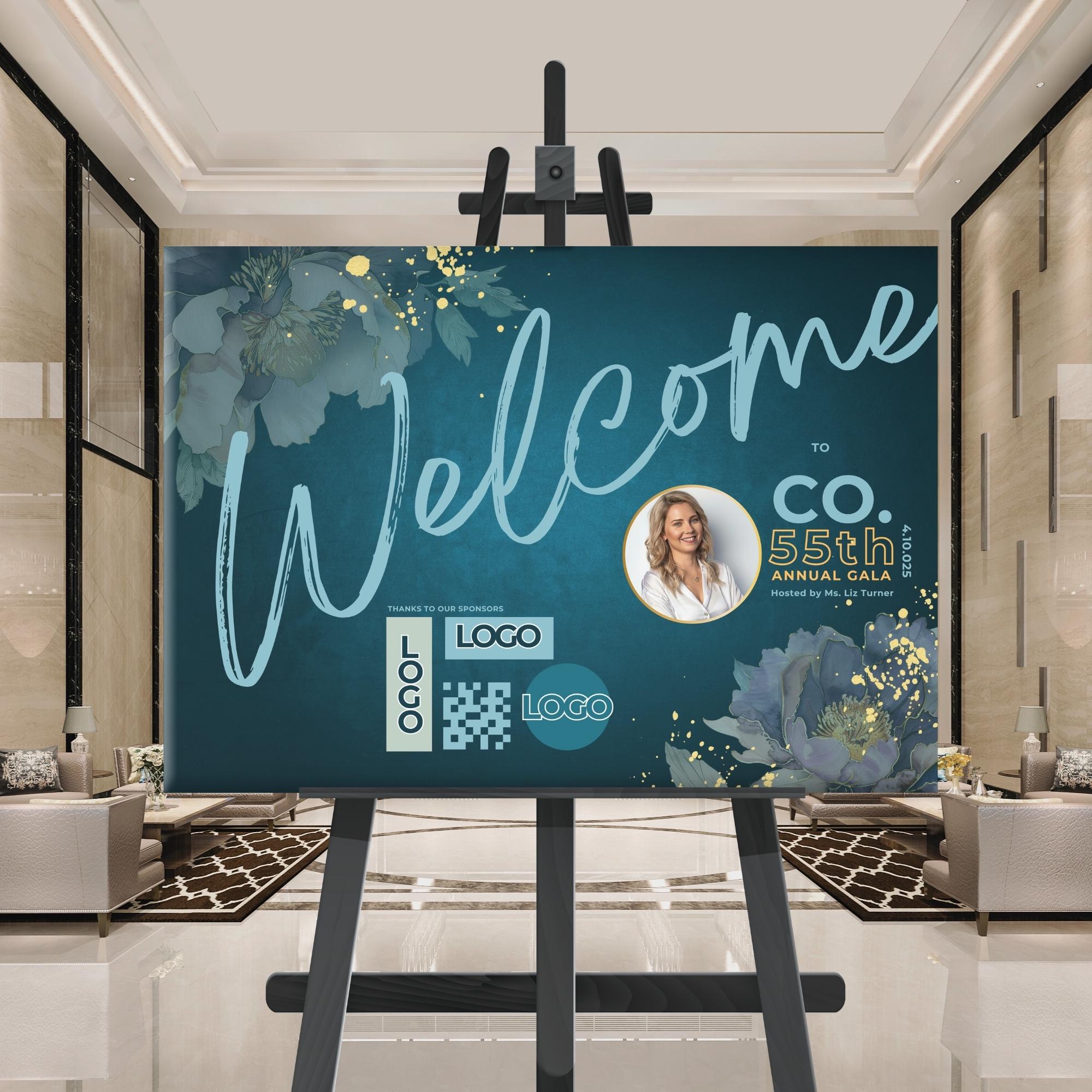 Teal Purple and Gold Floral Company Event Welcome Sign Modern Elegant ...