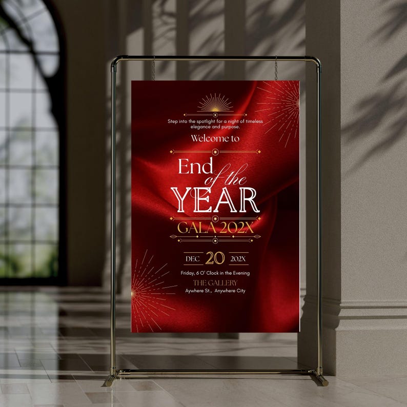 End of the Year Gala Welcome Sign in Red and Gold Business Anniversary ...