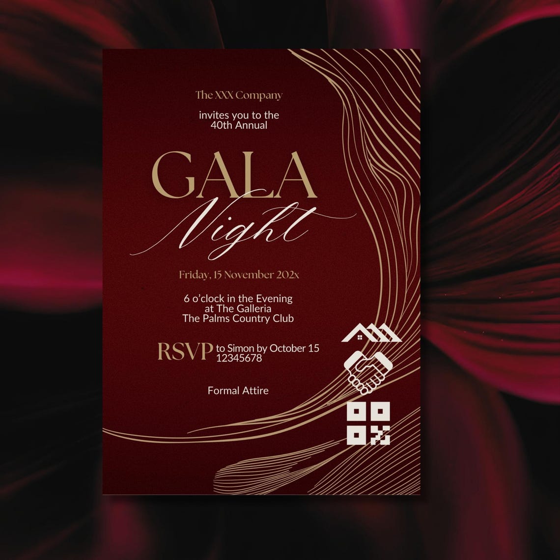 Elegant Gala Night Invitation Burgundy Red and Gold Business ...