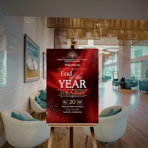 End of the Year Gala Welcome Sign in Red and Gold Business Anniversary ...