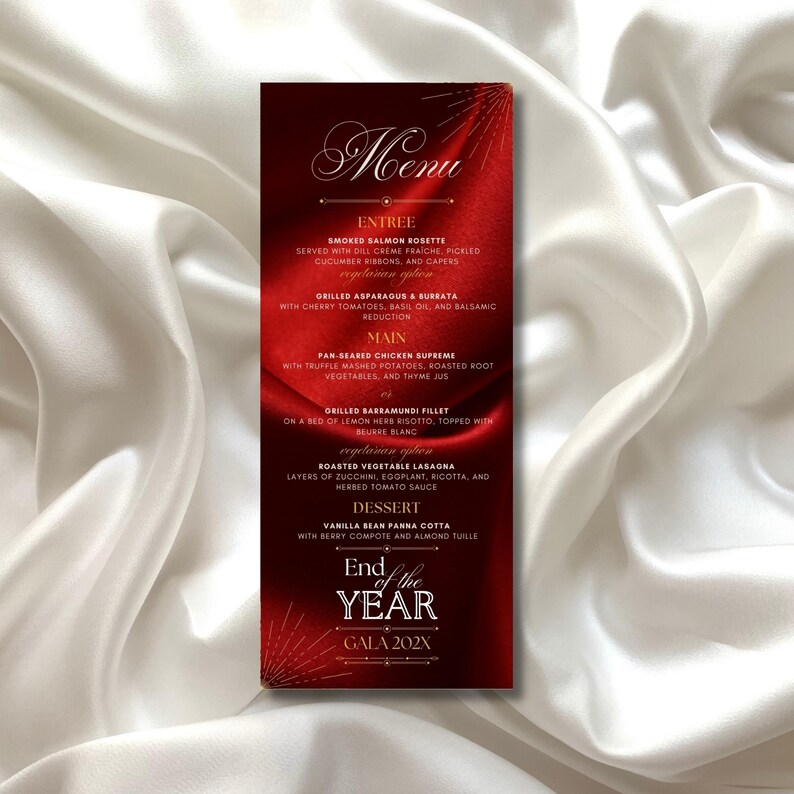 Red and Gold End of the Year Gala Menu Card, Old Hollywood Glam Theme ...