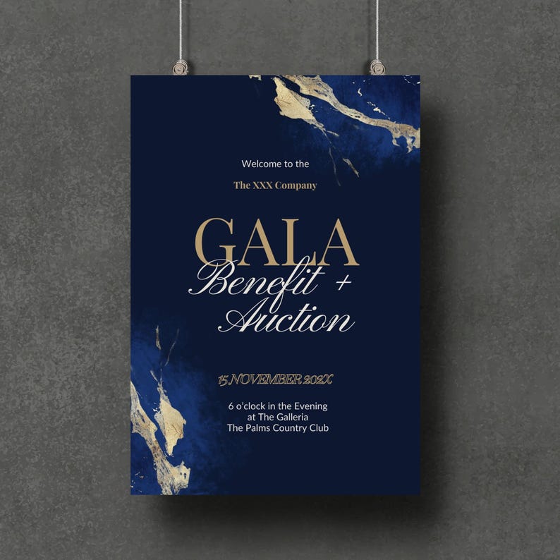 Gala Night Welcome Sign Navy Blue and Gold Benefit Auction Dinner ...