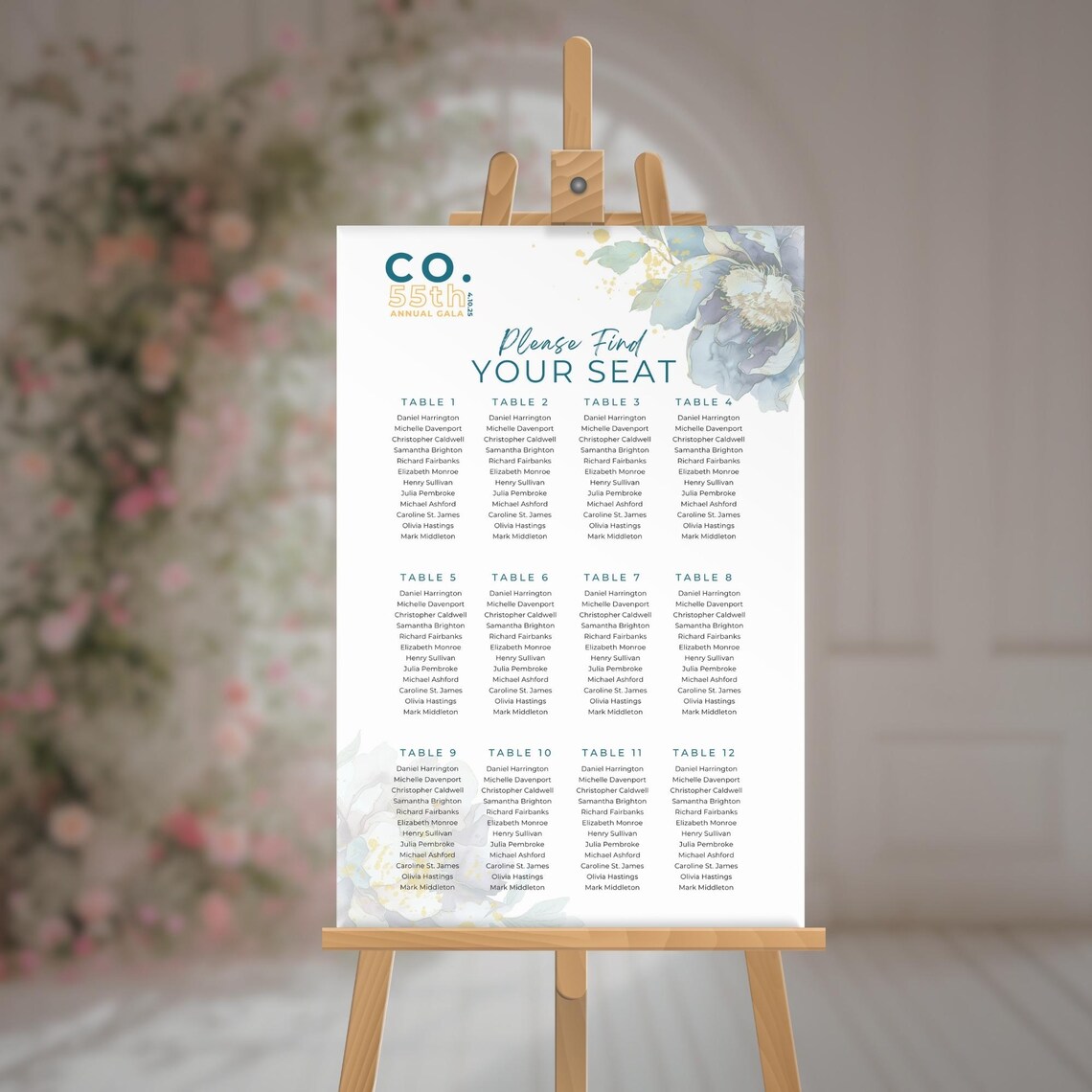Teal, Purple and Gold Florals Company Event Seating Chart Template ...