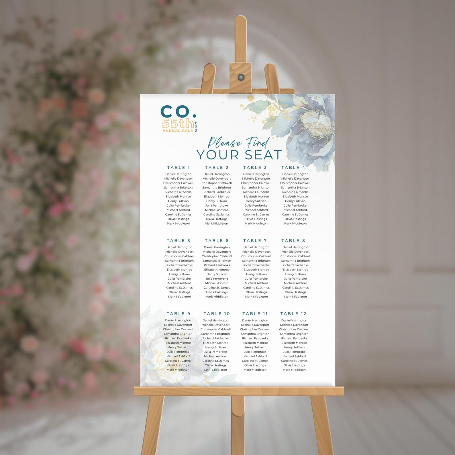Teal, Purple and Gold Florals Company Event Seating Chart Template ...