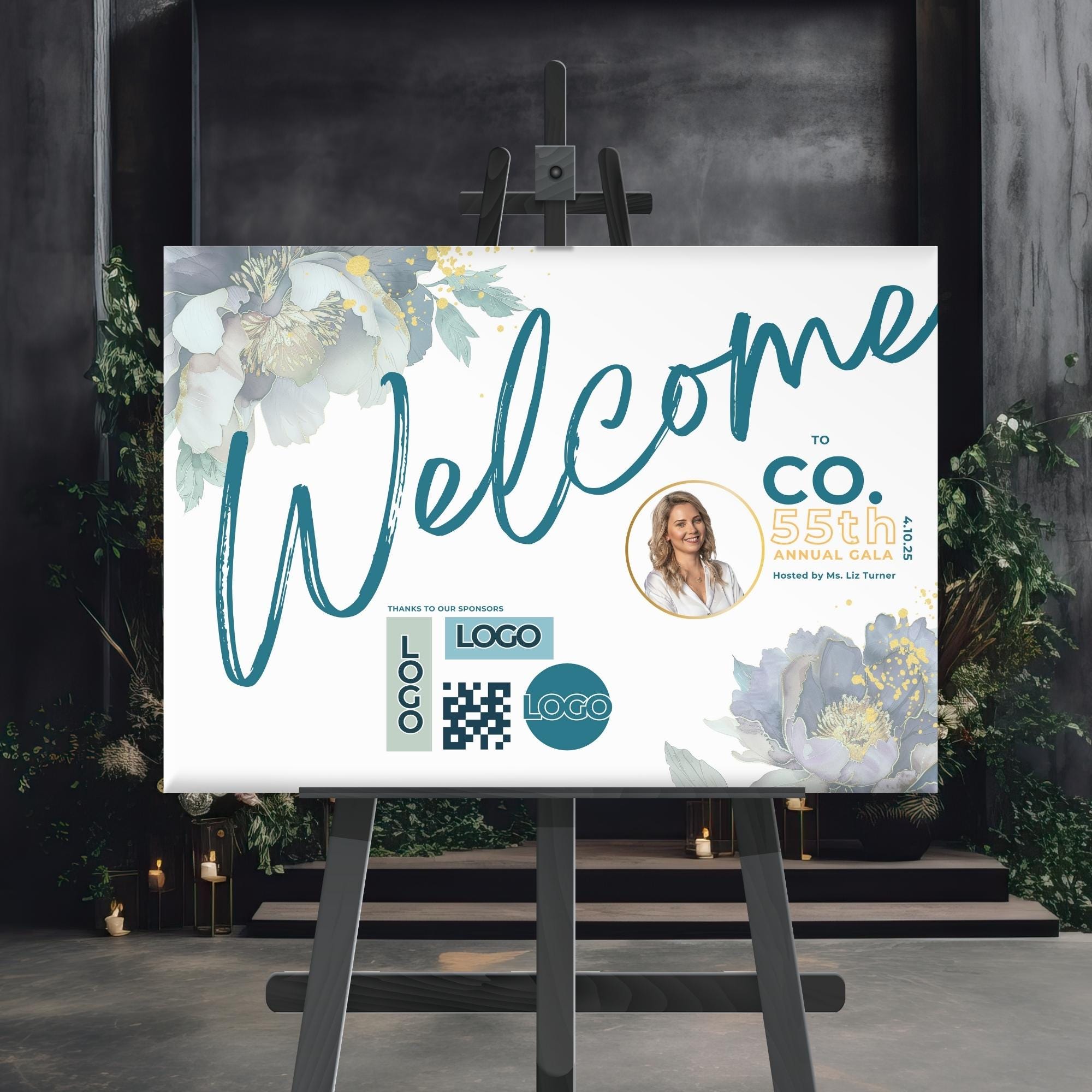 Teal Purple and Gold Floral Company Event Welcome Sign Modern Elegant ...