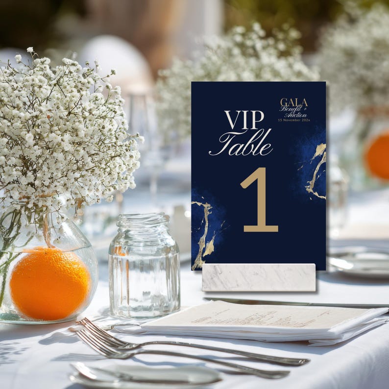 Navy Blue and Gold Table Numbers Gala Benefit Auction Editable Template ...