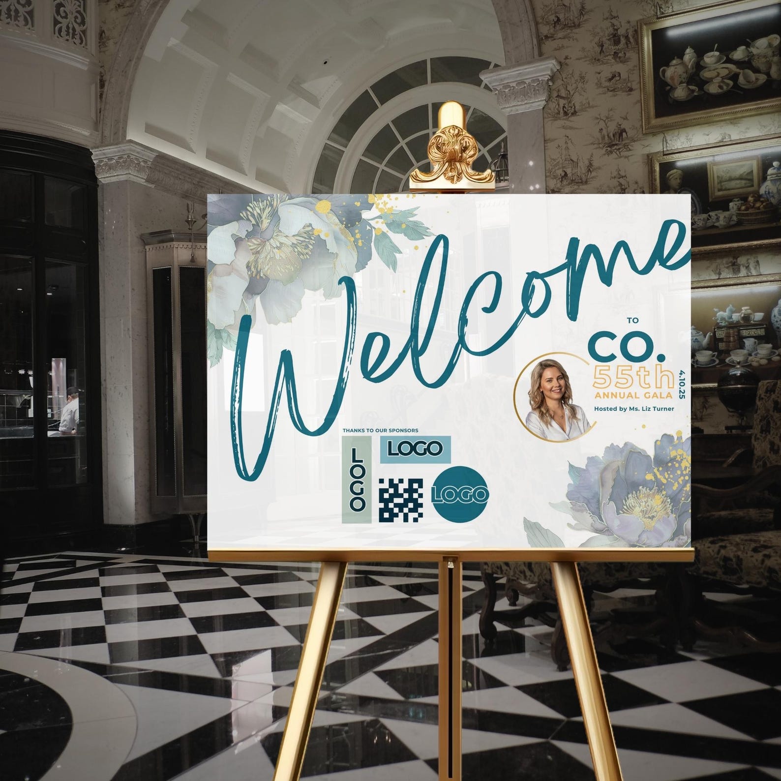 Teal, Purple and Gold Floral Company Event Welcome Sign, Modern Elegant ...