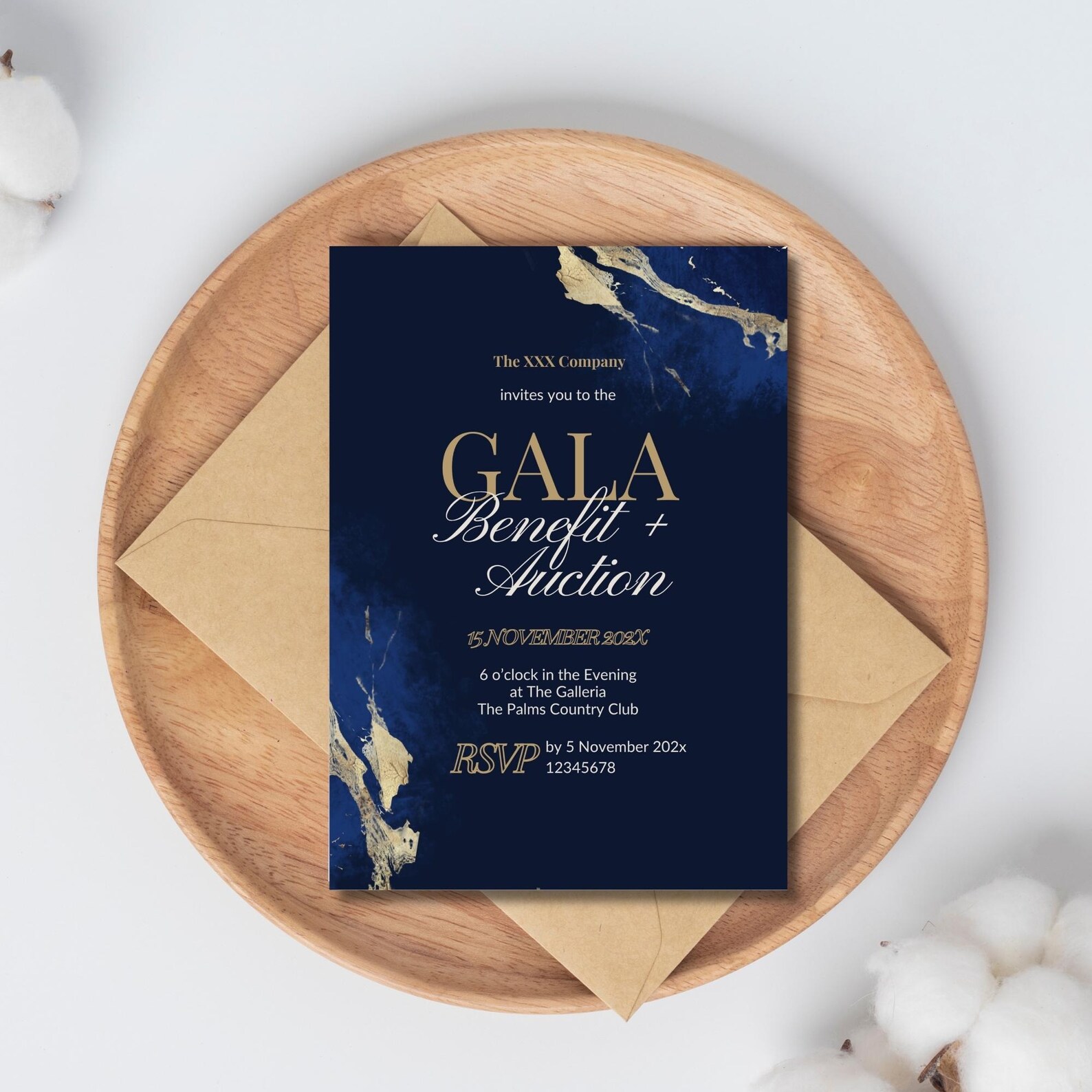 Gala Night Benefit Auction Navy Blue and Gold Business Invitation ...