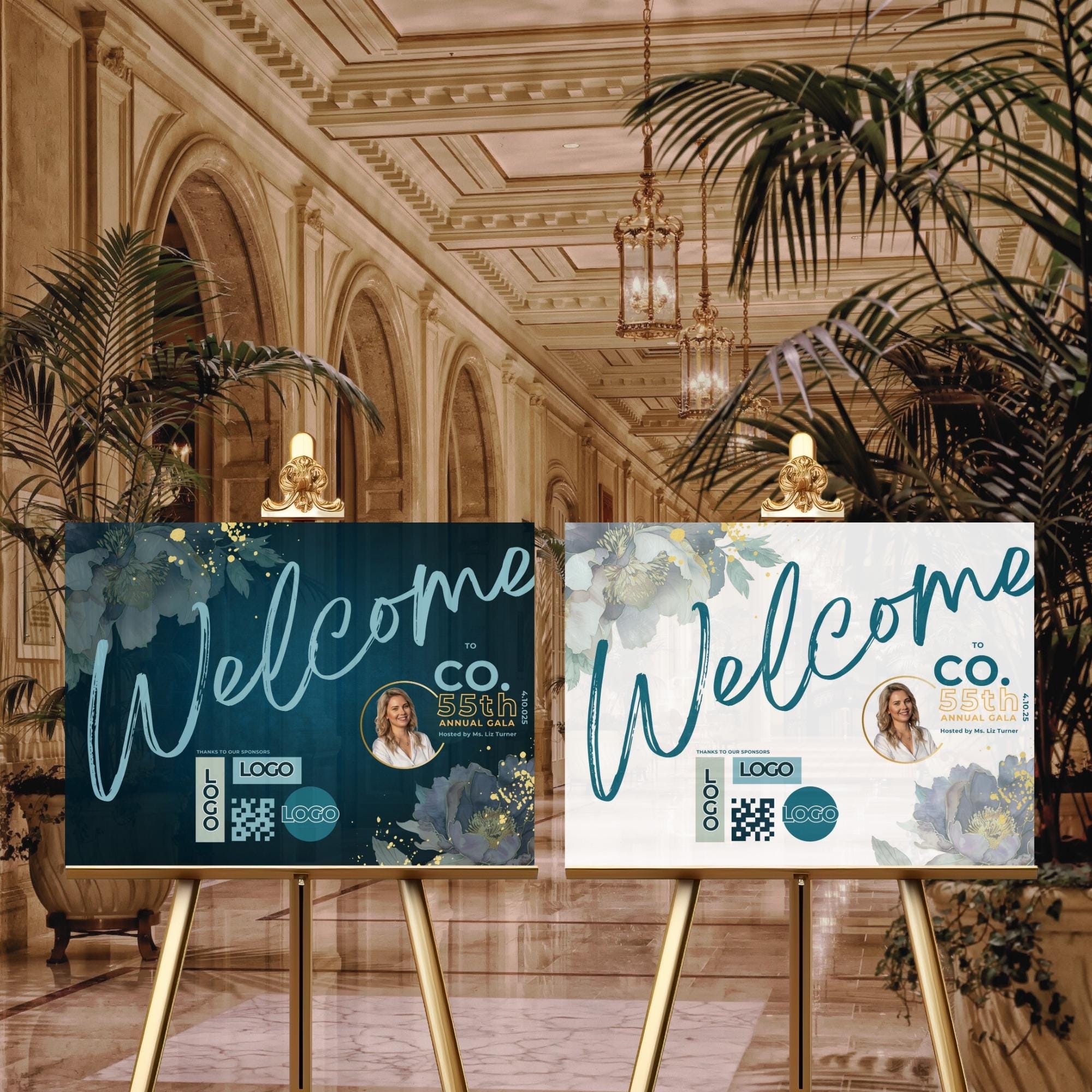 Teal, Purple and Gold Floral Company Event Welcome Sign, Modern Elegant ...