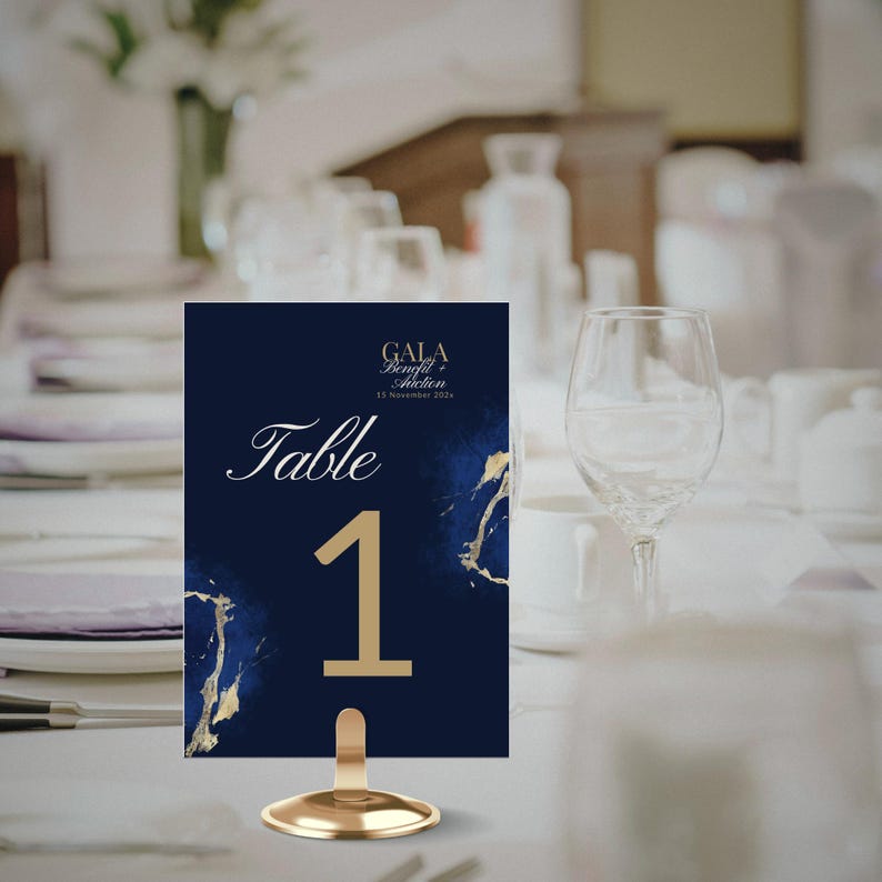 Navy Blue and Gold Table Numbers Gala Benefit Auction Editable Template ...