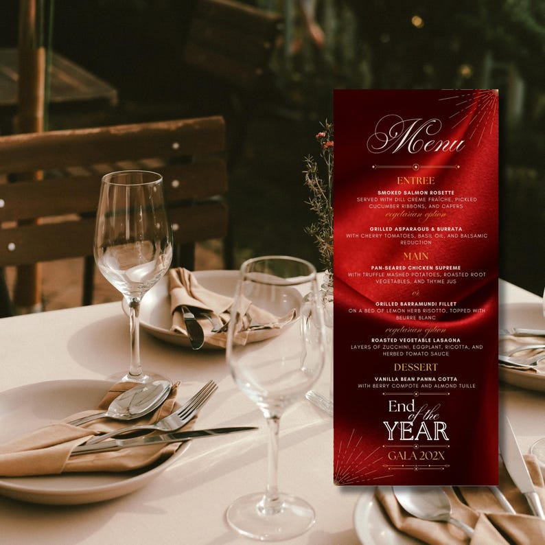 Red and Gold End of the Year Gala Menu Card, Old Hollywood Glam Theme ...