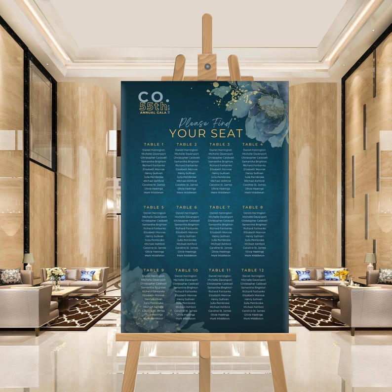 Teal, Purple and Gold Florals Company Event Seating Chart Template ...