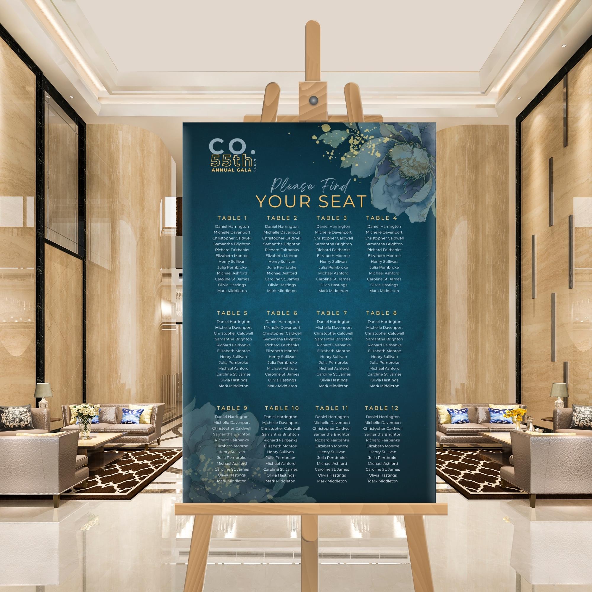 Teal, Purple and Gold Florals Company Event Seating Chart Template ...