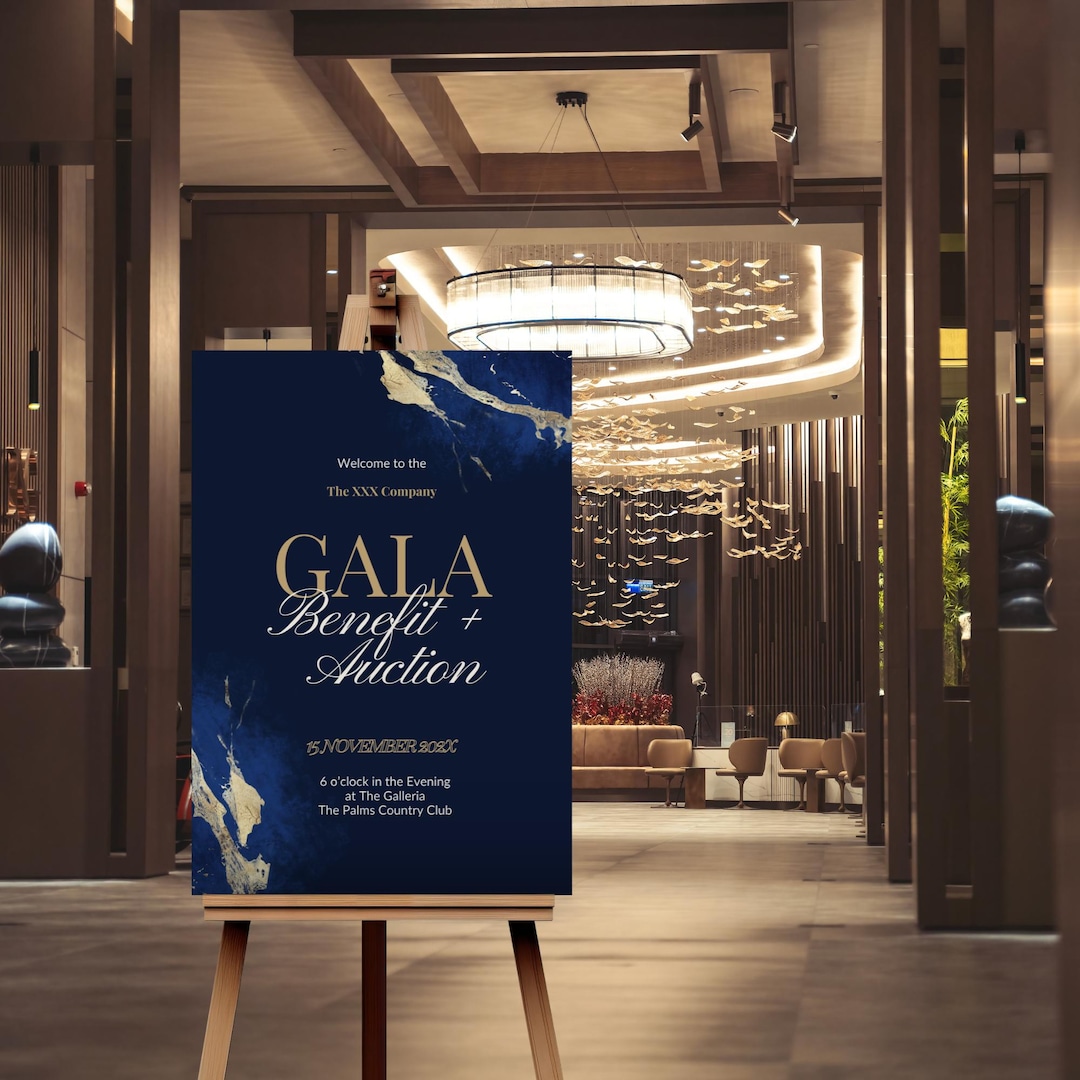 Gala Night Welcome Sign Navy Blue and Gold Benefit Auction Dinner ...