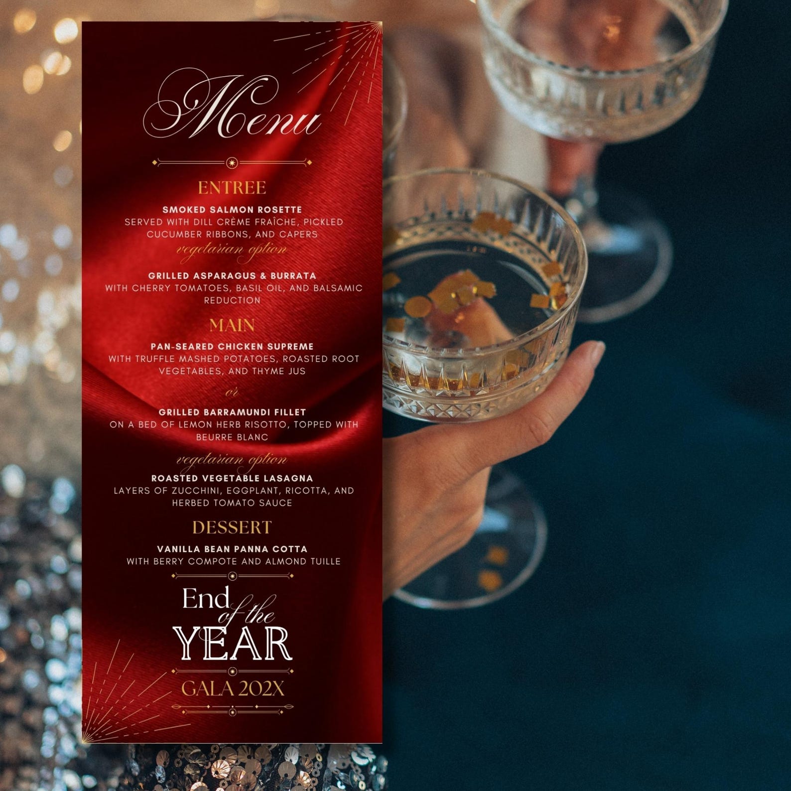 Red and Gold End of the Year Gala Menu Card, Old Hollywood Glam Theme ...
