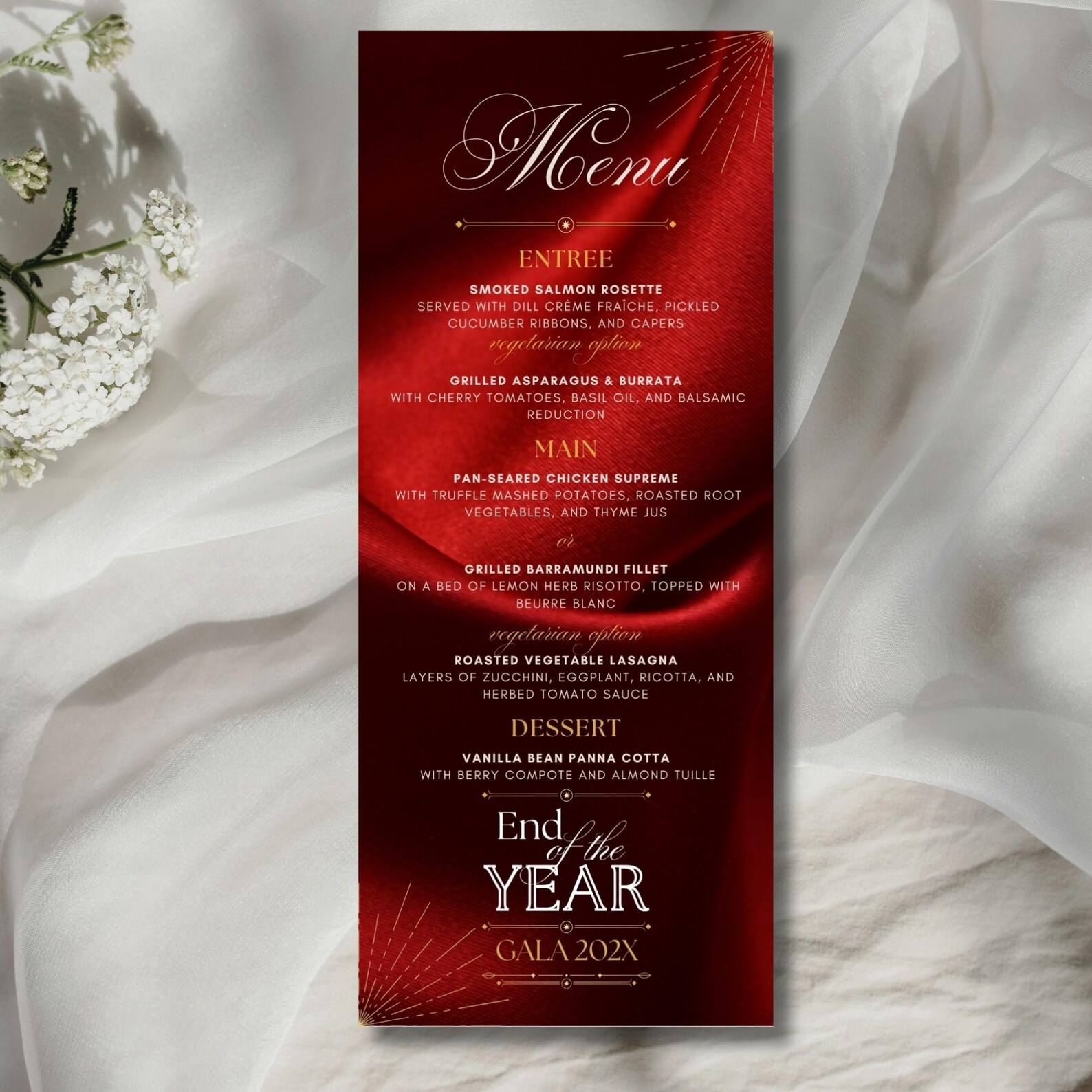 Red and Gold End of the Year Gala Menu Card, Old Hollywood Glam Theme ...