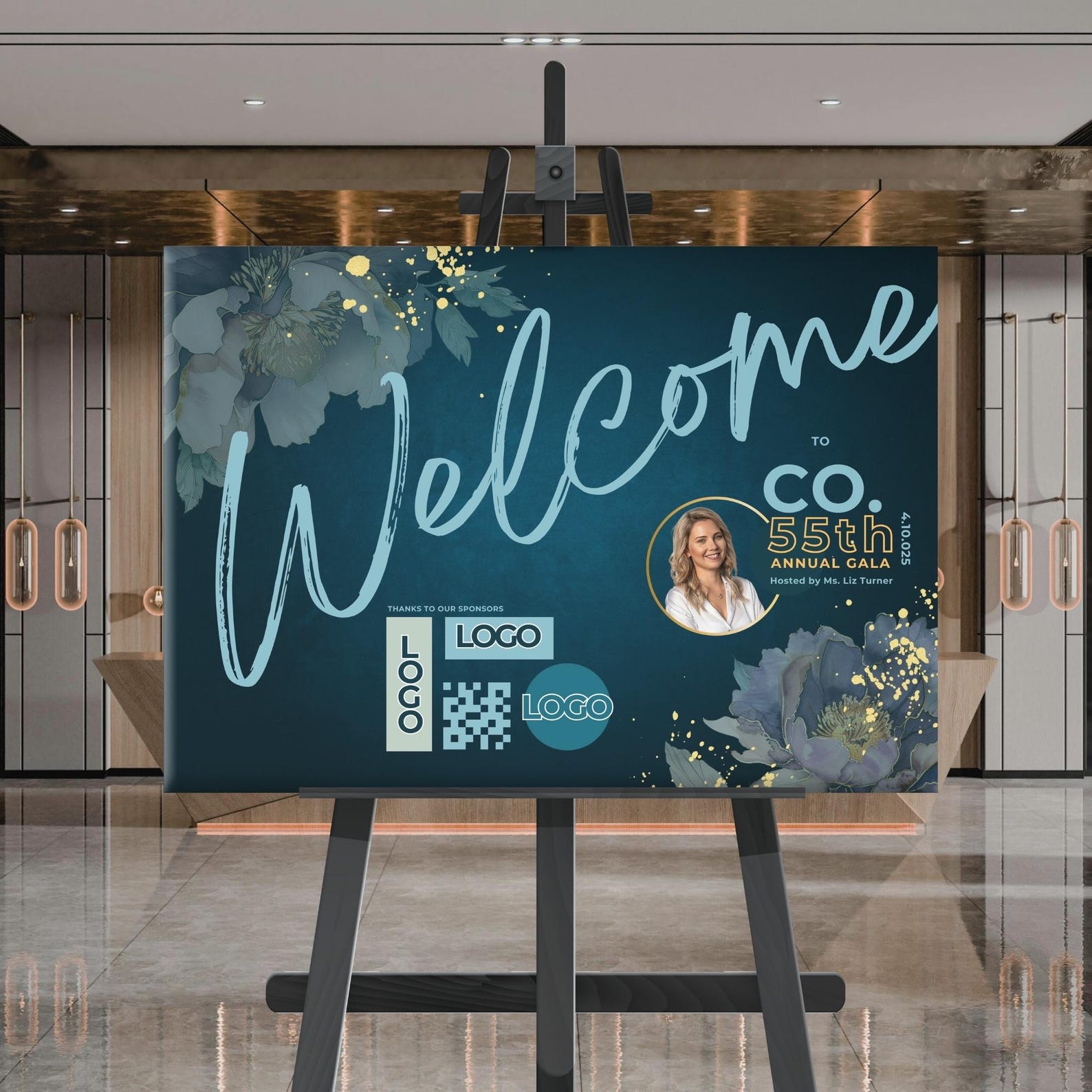 Teal, Purple and Gold Floral Company Event Welcome Sign, Modern Elegant ...