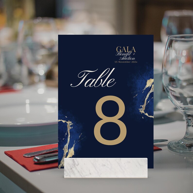 Navy Blue and Gold Table Numbers Gala Benefit Auction Editable Template ...