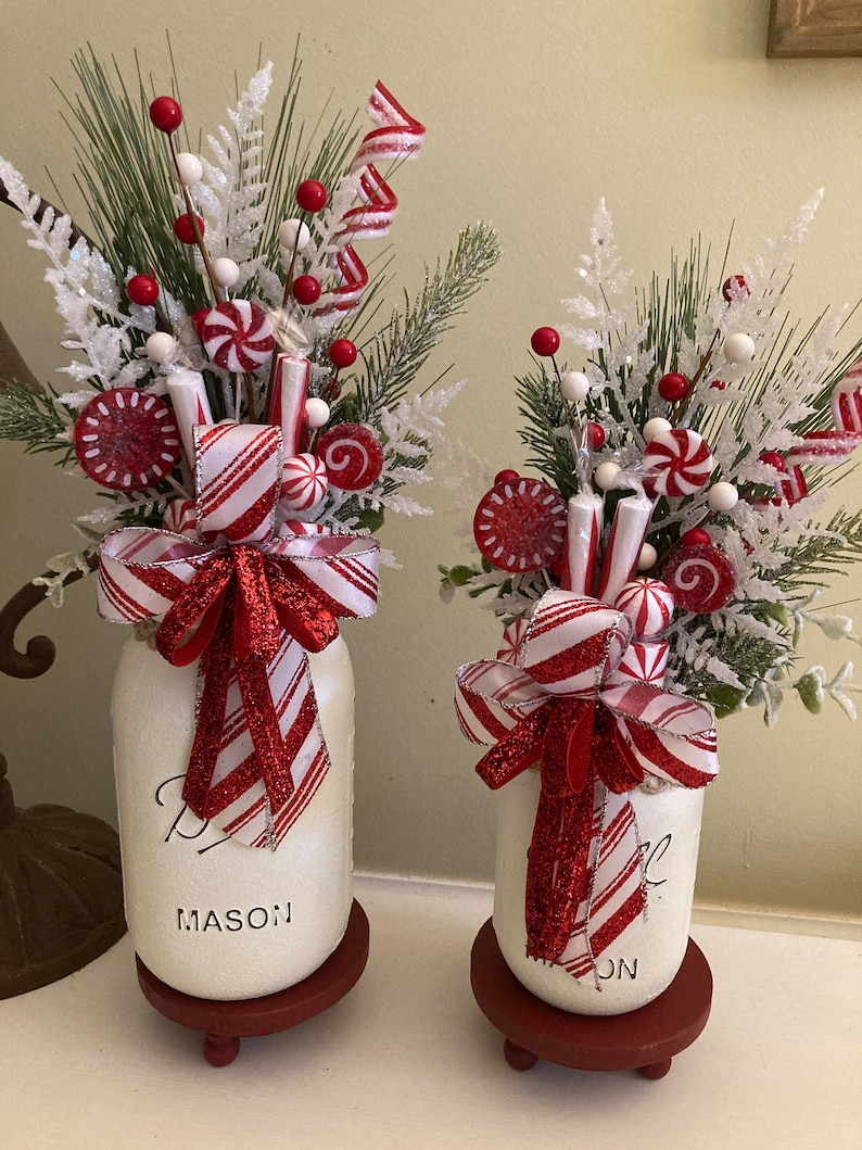 Christmas Mason Jar With Bows Holiday Centerpiece - Etsy
