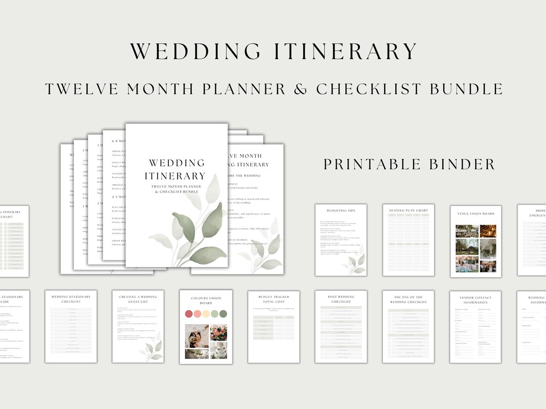 Wedding Itinerary Twelve Month Planner and Checklist Bundle, Wedding ...