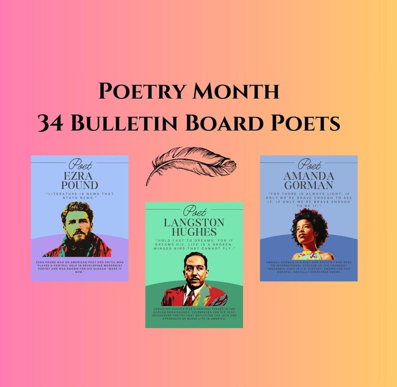 National Poetry Month Bulletin Board Bundle – 34 Famous Poets With ...