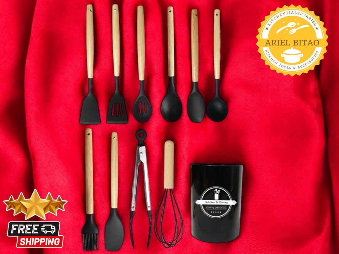 Silicone Kitchen Utensils Set | Unique Wooden Handle | Versatile Non ...